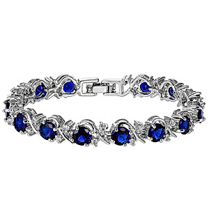 RIZILIA Blossom Round Simulated Blue Sapphire and White Cubic Zirconia 18K White Gold Plated Tennis Bracelet, 7"