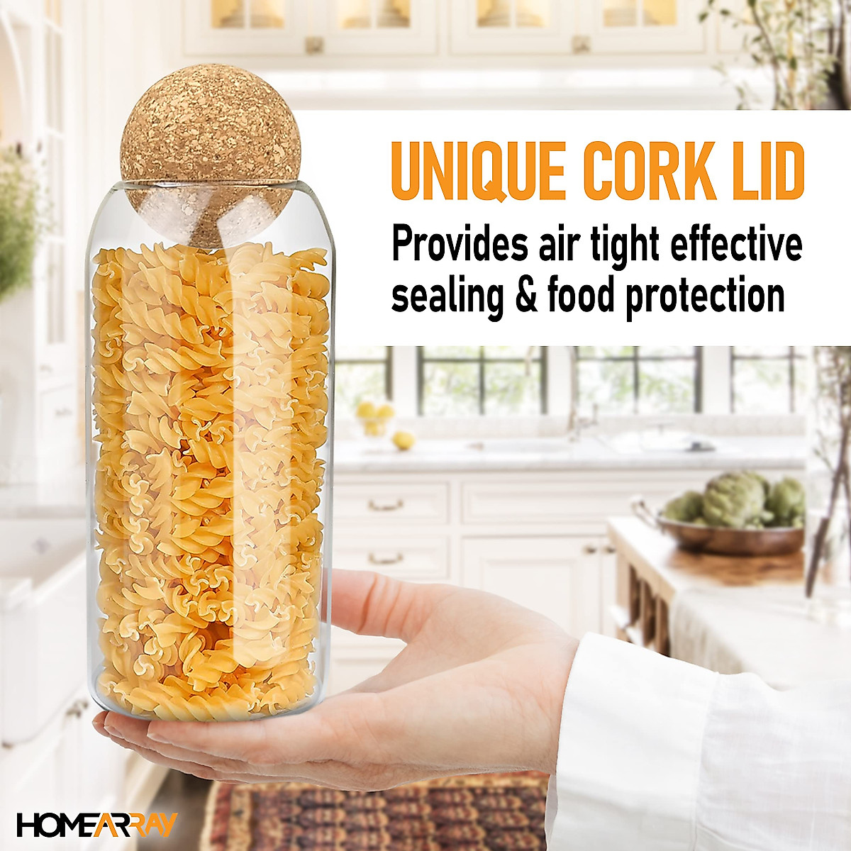 HOMEARAY Glass Food Storage Jars with Lids – Premium Transparent Cereal Jars Storage with Ball Cork Lid – Flour and Sugar Jars with Cork Stopper – Ideal for Storing Your Food