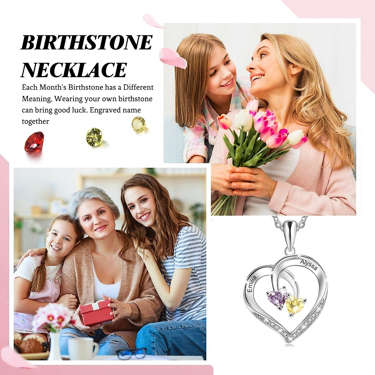 Name Necklace Gifts for Women - Necklace Birthstone Necklace for Women Personalized Valentines Day Gifts for Her Custom Heart Necklace Charm with 2 Names Gifts for Mom Daughter Best Friend