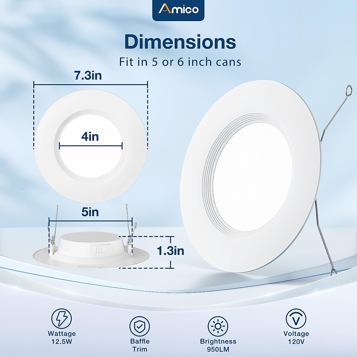 Amico 5/6 inch 5CCT LED Recessed Lighting 20 Pack, Dimmable, IC Rated, 12.5W=100W, 950LM Can Lights with Baffle Trim, 2700K/3000K/4000K/5000K/6000K Selectable, Retrofit Installation - ETL & FCC