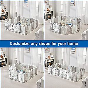 Albott Baby Playpen, Upgraded 18 Panels Foldable Baby Fence with Game Panel and Safety Gate, Adjustable Shape, Portable Baby Play Yards for Children Toddlers Indoors or Outdoors (Grey+White, 18 Panel)