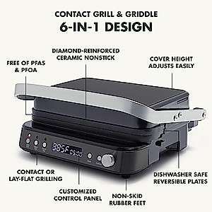 GreenPan 6-in-1 Multi-Function Contact Grill & Griddle, Healthy Ceramic Nonstick Aluminum, Two Sets of Grill & Waffle Plates, Adjustable Shade & Shear, Closed Press/Open Flat Surface, Matte Black