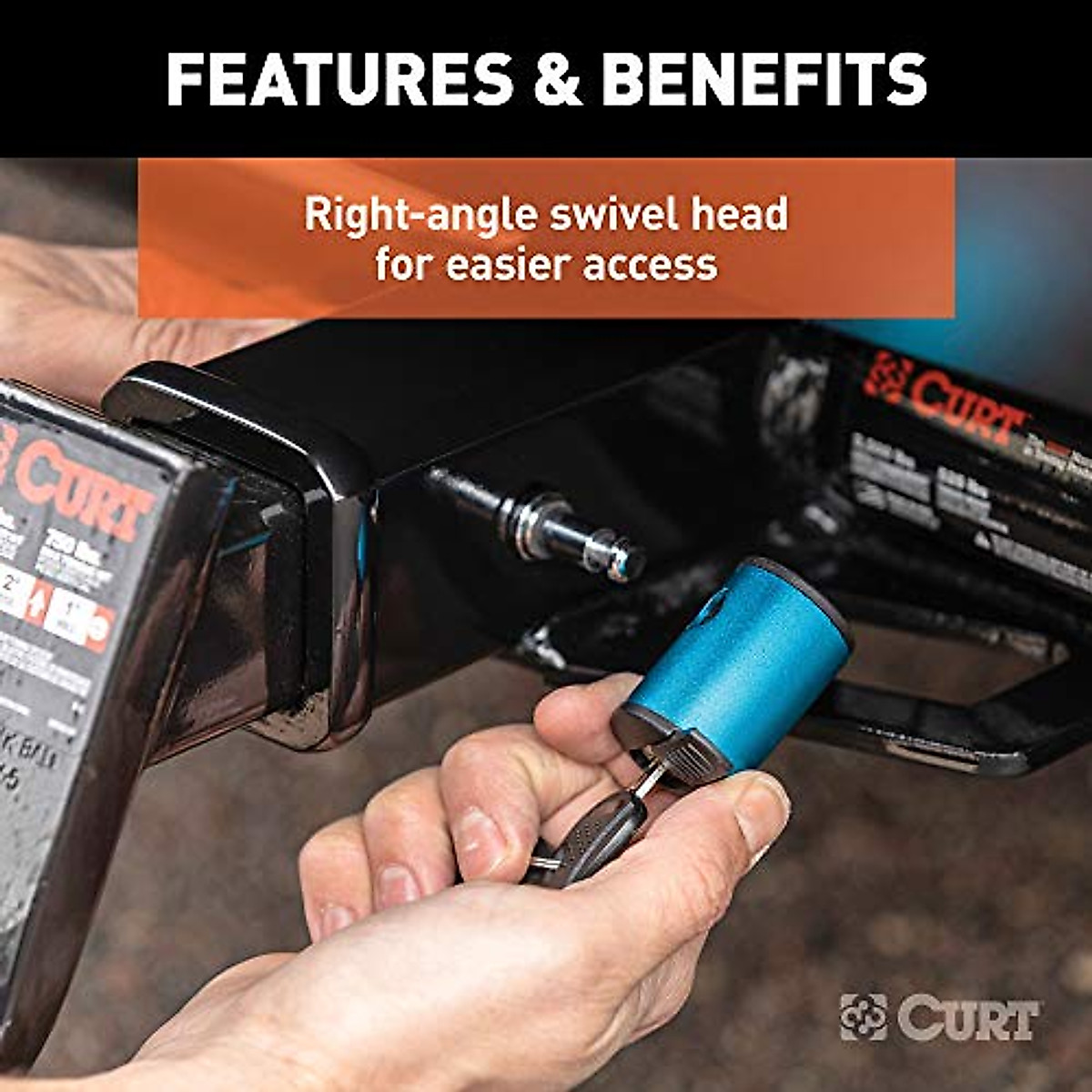 CURT 23506 Right-Angle Trailer Hitch Lock, 1/2-Inch Pin Diameter, 5/8-Inch Adapter, Fits 1-1/4 or 2-Inch Receiver