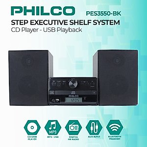 Philco Stereo Shelf Systems Tray Loading CD Player with Digital FM Radio, Bluetooth Streaming, Remote Control in Black | LCD Display | 3.5mm Headphone Jack | MP3 & AUX Port Compatible | USB Input