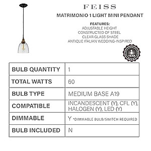 Feiss P1394DFW/DWZ Matrimonio Glass Pendant Lighting, Brown, 1-Light (6"Dia x 9"H) 60watts