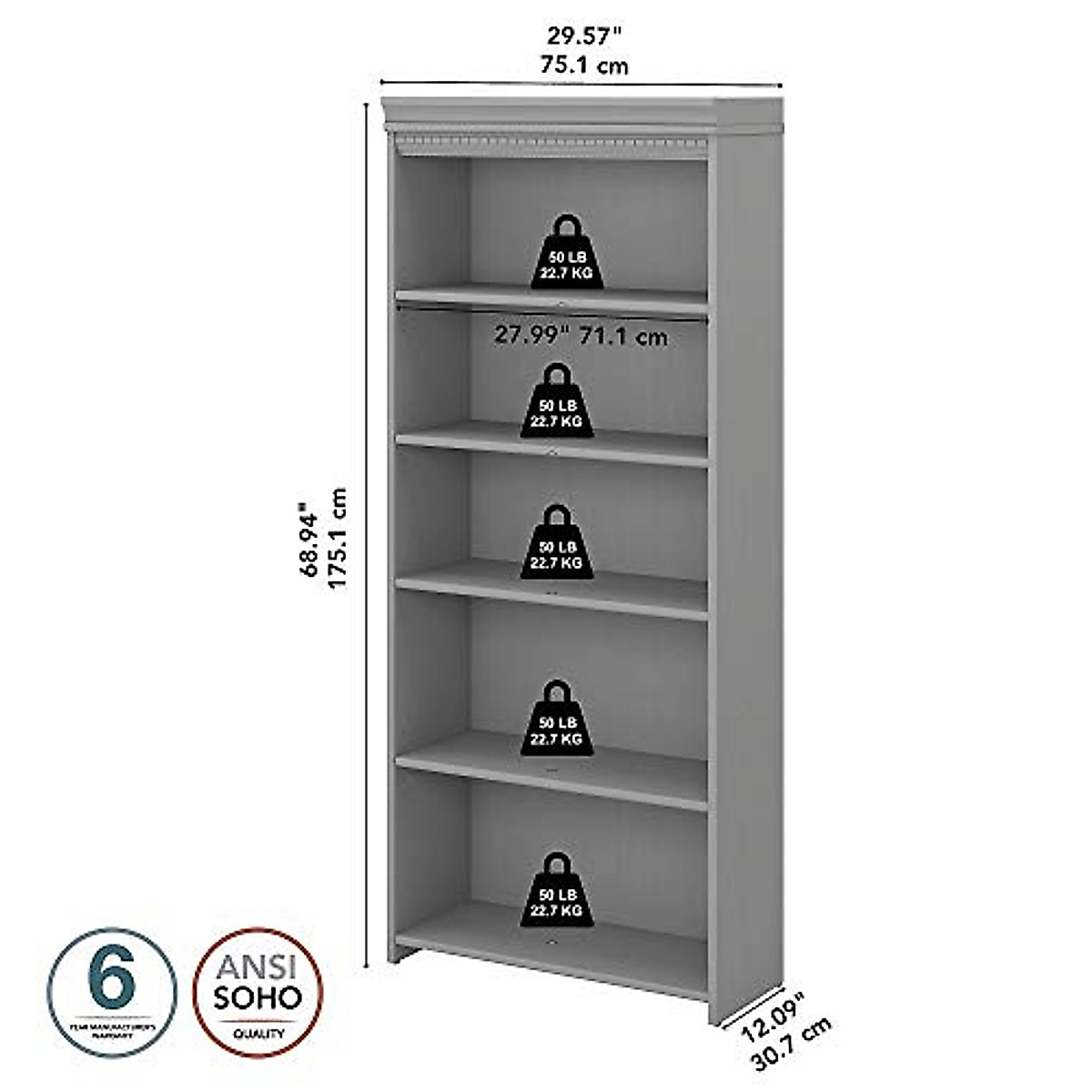 Bush Furniture Fairview 5 Shelf Bookcase, Cape Cod Gray