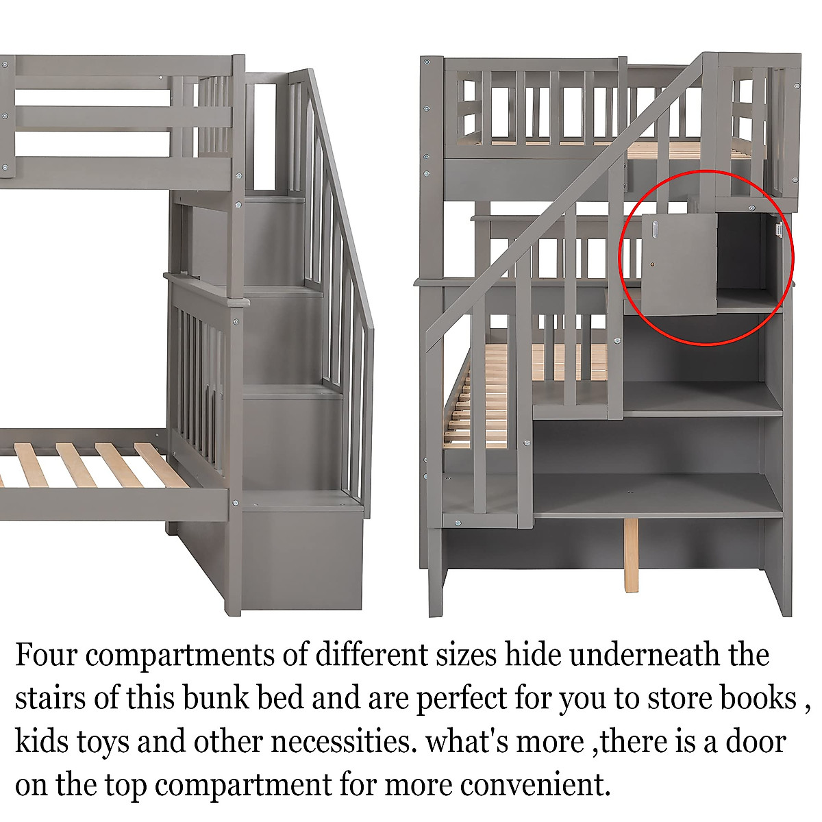 Harper & Bright Designs Bunk Beds Twin Over Twin with Stairs, Wood Bunk Bed Frame with Storage and Guard Rail,Twin Bunk Beds for Kids, Bedroom, Dorm, Teens, Adults,Grey