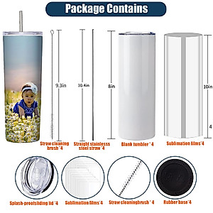 SVZIOOG Sublimation Tumblers bulk 20 oz Skinny,4 Pack Stainless Steel Double Wall Insulated Straight Sublimation Tumbler Cups Blank White with Lid, Individually Box,Polymer Coating for Heat Transfer