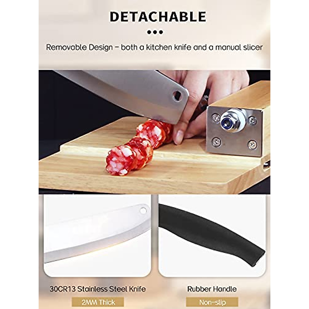Moongiantgo Biltong Slicer Beef Jerky Cutter with Built-in Knife Sharpener Manual Meat Slicer Rubber Wood Base for Deli Bacon Ham Sausage Fruits Vegetables Herb Ginseng Pastry