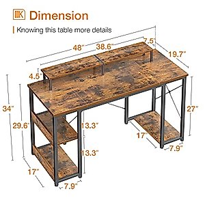 ODK 48 inch Computer Desk with Monitor Shelf and Storage Shelves, Writing Desk, Study Table with CPU Stand & Reversible Shelves, Vintage