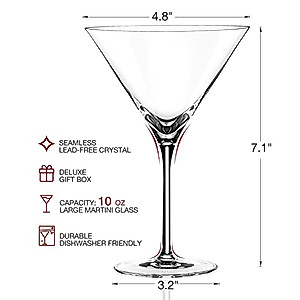 LUNA & MANTHA Martini Glasses | Set of 4 | 10oz | Hand-Blown Crystal Large Martini Glass Set | Elegant Cocktail Glasses for Bar, Whiskey, Gin, Tequila | Goblet Gift Set for Birthday, Housewarming