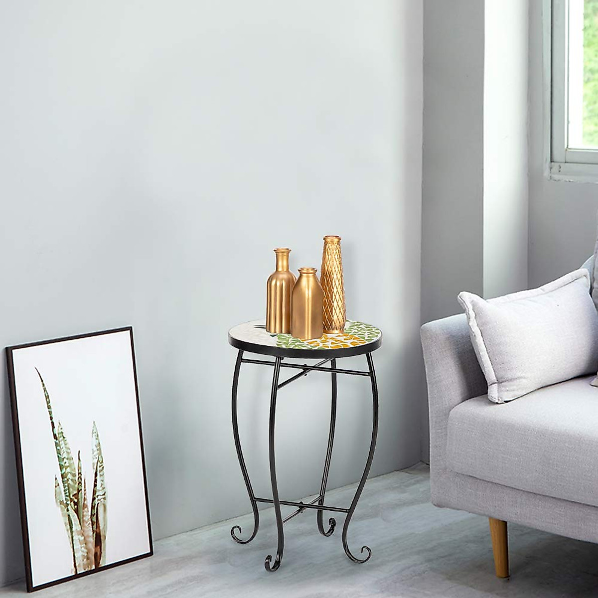 SSLine Outdoor Mosaic Side Table Elegant Round Accent Table with Colorful Glass Top&Metal Frame Patio Deck Sofa Chair-Side End Table Small Coffee Tables Plant Stand for Living Room Backyard Balcony