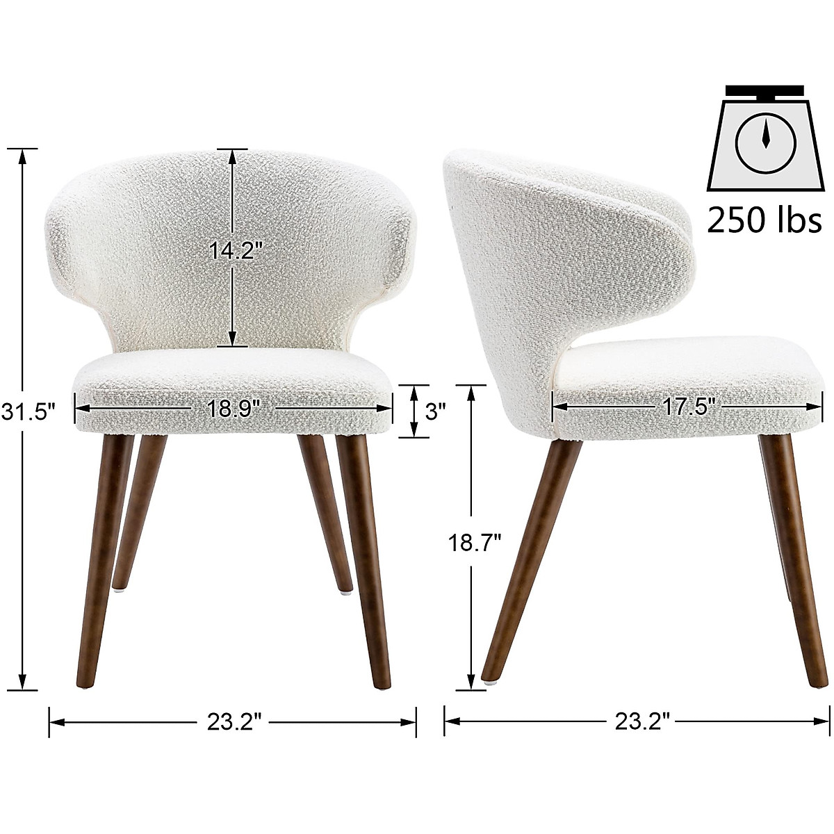VESCASA Sherpa Modern Dining Chairs with Wood Legs, Upholstered Curved Back Side Chairs for Dining Room/Living Room, Set of 2, White
