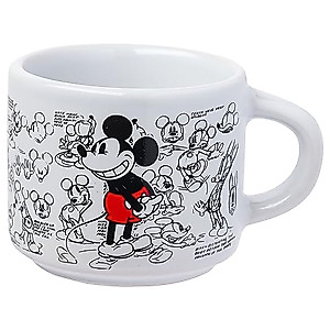 Silver Buffalo Disney Mickey Mouse Vintage Sketches Art 4pc Stackable Ceramic Espresso Small Cup Set, 3 Ounces