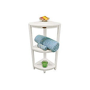CoastalVogue SnazzyCorner Teak Corner Shower Shelf Wood Corner Shelf 3-Tier Corner Shower Shelf in Antique White Finish – 33 inches Tall