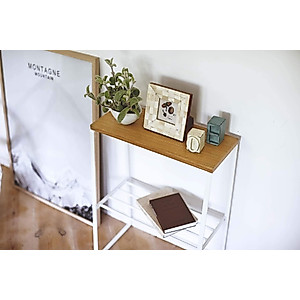 Yamazaki Home Narrow Living Room End Table - Slim Side Storage Shelf Stand Furniture Metal and Wood Modern Skinny Accent Table Steel + WoodWhite