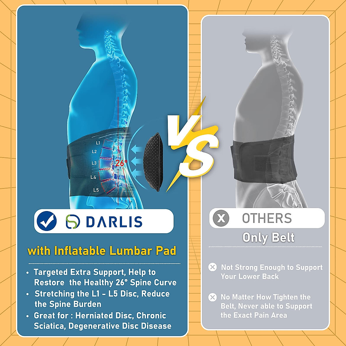 DARLIS Back Support Belt with Inflatable Lumbar Pad - Extra Support for Lower Back Pain Relief, Herniated Disc, Sciatica, Scoliosis, Adjustable Support Straps - Back Brace for Men Women S/M 32"- 39"