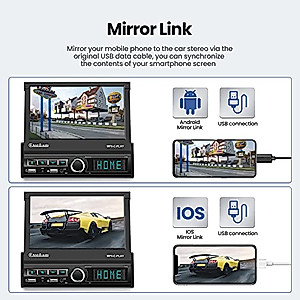 Single Din Flip Out Touch Screen Car Stereo with Apple Carplay and Android Auto, 1 Din Radio Support Bluetooth Mirror Link Remote Control USB TF Card FM Radio Microphone