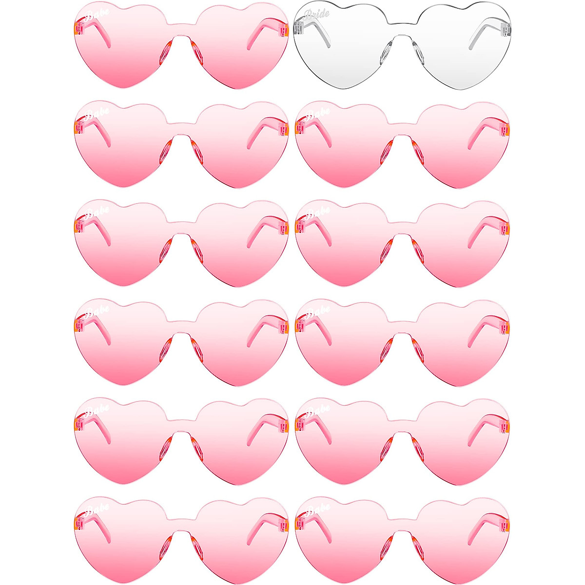 Konohan 12 Pairs Heart Shaped Sunglasses Rimless Bride Sunglasses Transparent Heart Glasses Bachelorette Holiday Party Favor (White, Hot Pink)