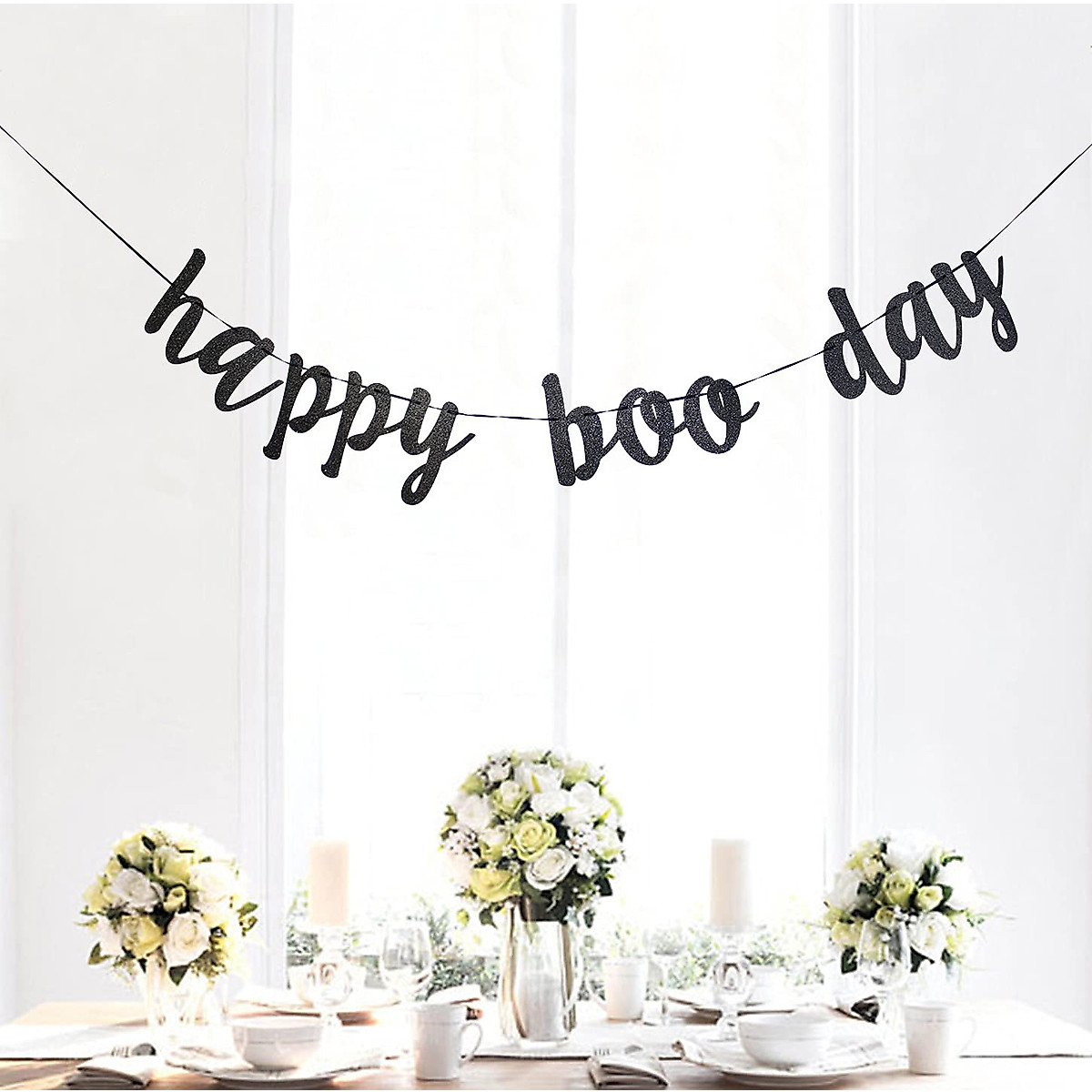 StarsGarden Happy Boo Day Black Glittery Garland - Halloween Party Decorations,Bats Decor,Halloween Bats,Halloween Boo Banner for Mantle Home Decor