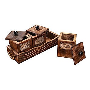 Wooden Handcrafted Tea Sugar Coffee 3 Canister Set with holder for Food Storage, Rustic Vintabe Farmhouse Country Home Décor - 10.5 x4 x4 Inches - Burnt