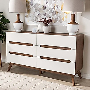 Baxton Studio Calypso 6 Drawer Double Dresser in White and Walnut