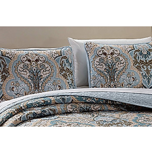 Kids Zone Home Linen Bedspread Set Damask Pattern Light Blue White Beige and Brown New (King/California King)