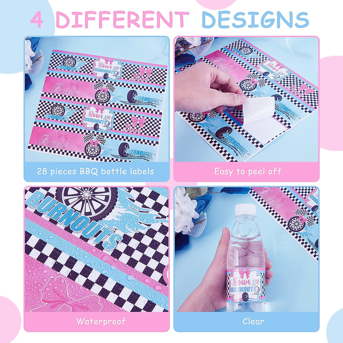 Cheereveal 28PCS Burnouts or Bows Gender Reveal Water Bottle Labels, Beverage Juice Drink Bottle Stickers Birthday Baby Shower Party Decoration