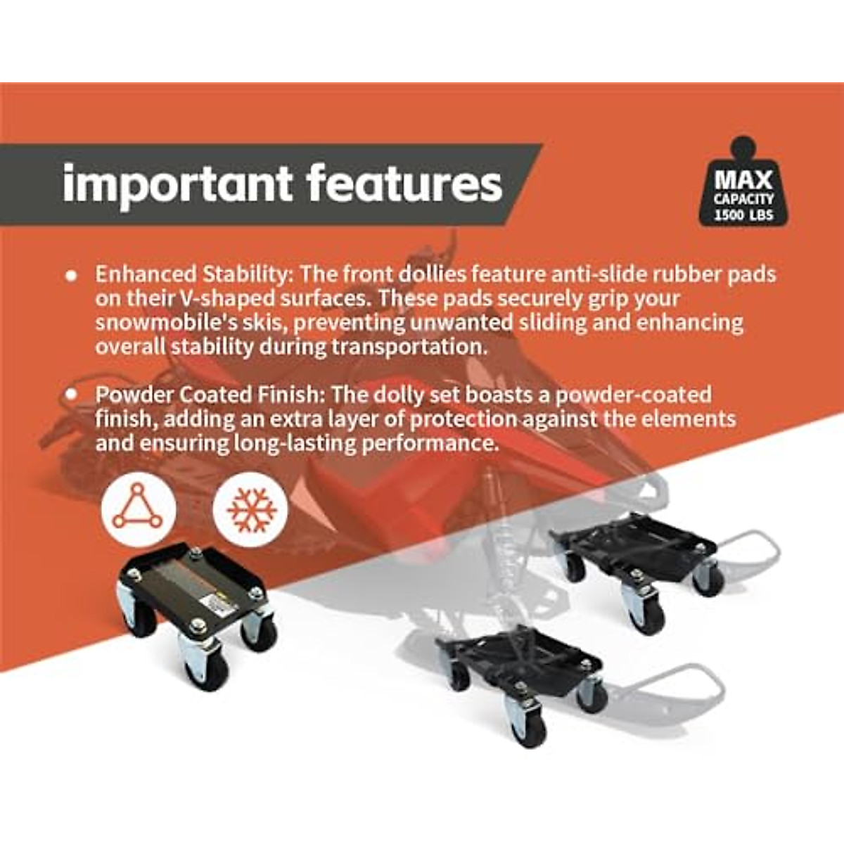 MaxxHaul 50906 Snowmobile Moving Dolly Set, 1500lbs Load Capacity V-Slide Anti-Slip Rubber Pads Straps Firmly Attaching on Skis