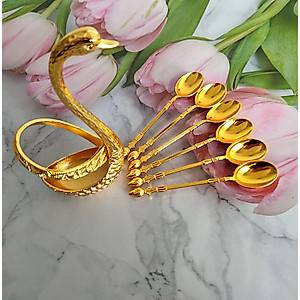 Gold Coffee Spoon with Metal Swan Base Holder with 6 Spoons Organizer, Stainless Steel Serving Bar Dessert Spoon for Cake CountertopTableware Household