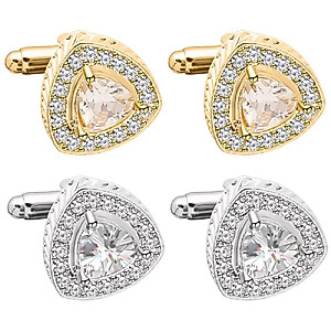 V & L Crystal Cuff links – Fancy Unique Elegant Sparkling Luxury Gem Stone Cufflinks for men in Triangle - Perfect for Wedding, Formal, Suit, Business and Groom Cufflink (Gold)