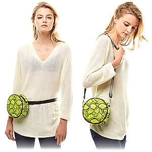 by you Women Fashion Snakeskin Pattern Small Round Cellphone Crossbody Purse Shoulder Bag Belt Bag Adjustable Strap (Round Snake Print - Neon Yellow)