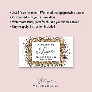 A Toast to Love - Custom Gold Glitter(Not Real Foil) Mini Champagne Bottle Label, Personalized Waterproof Mini Wine Bottle Sticker for Wedding Anniversary Bridal Shower Birthday Party
