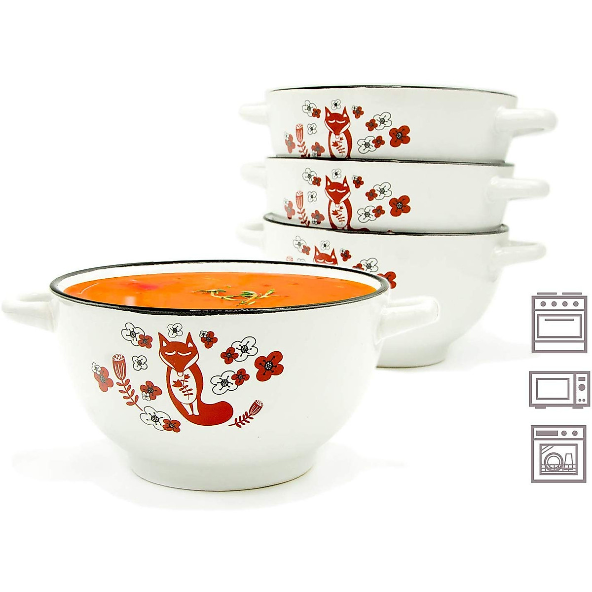 20-ounce Footed Ceramic White Soup Cereal Bowls with Handles - Set of 4 - Fox Folk Art Dinnerware Crocks