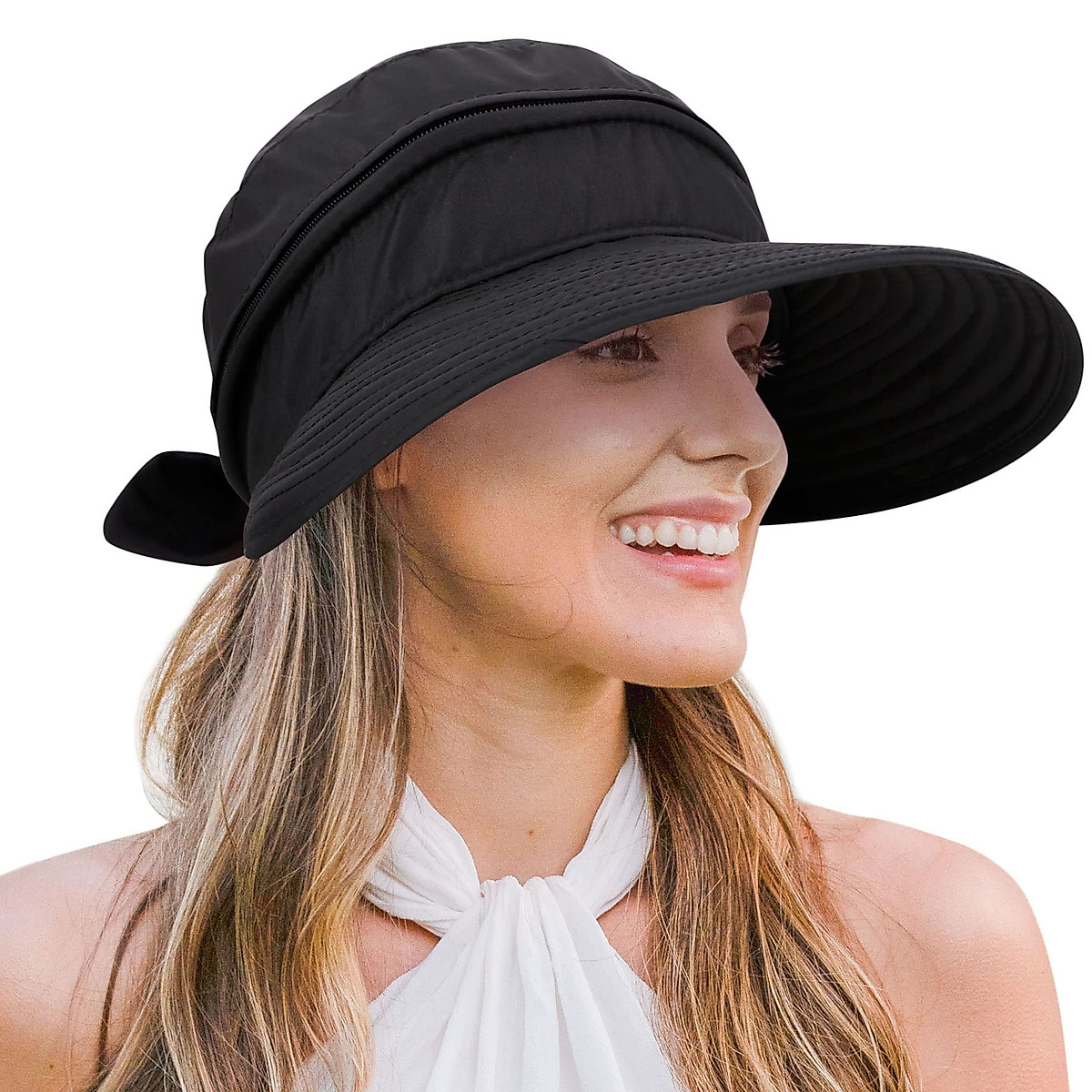 Verabella Womens Beach Hat Summer 𝗟𝗶𝗴𝗵𝘁𝘄𝗲𝗶𝗴𝗵𝘁 𝗦𝘂𝗻 𝗵𝗮𝘁 for Hiking Sun Protection 2 in 1 Visor Sun Protection Hat (Black)