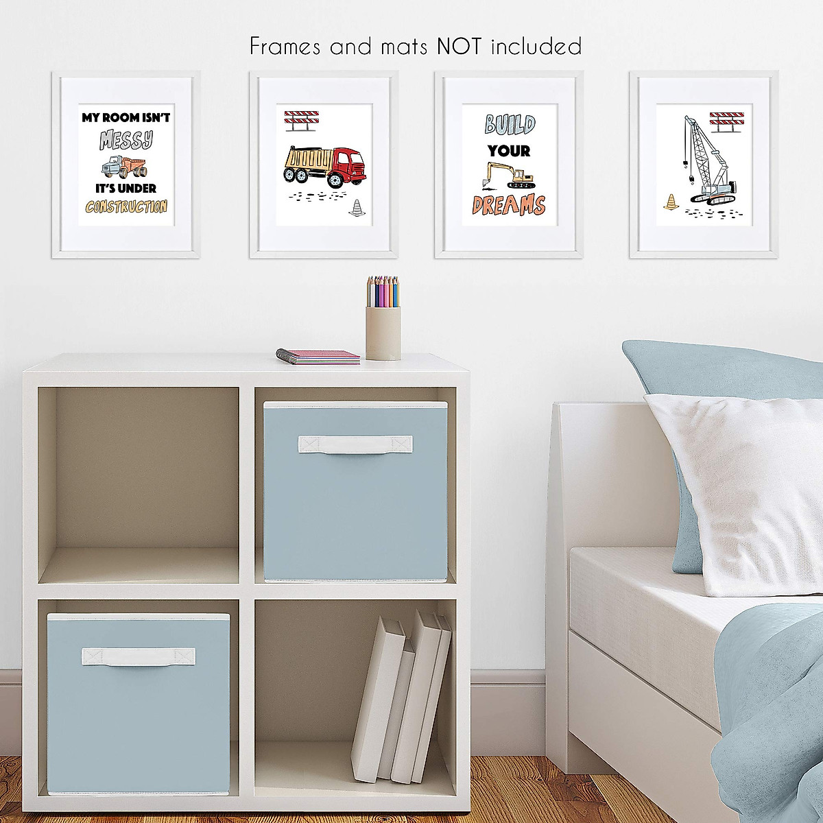 Sweet Jojo Designs Construction Truck Wall Art Prints Room Decor for Baby, Nursery, and Kids - Set of 4 - Grey Yellow Orange Red and Blue Transportation