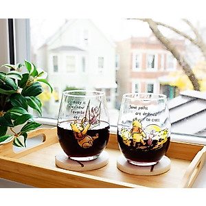 Disney Winnie The Pooh Quotes Teardrop Stemless Wine Glass Set | Tumbler Cup For Mimosas, Cocktails | Each Holds 20 Ounces