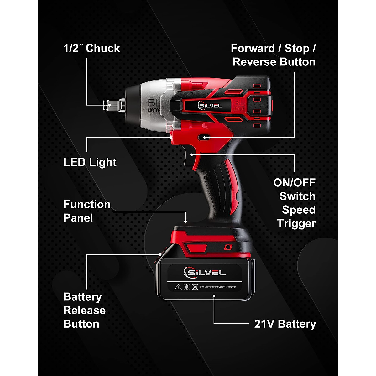 SILVEL 21V Cordless Impact Wrench 1/2 inch, 517 Ft-lbs (700N.m) Max Torque, Brushless Impact Driver with 1.5Ah Li-ion Battery, 6 Sockets, Power Impact Gun