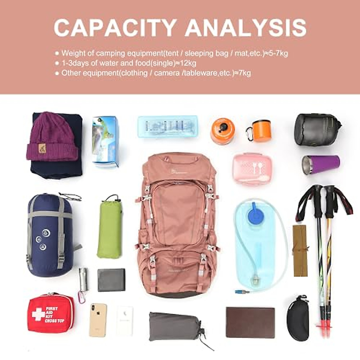 MOUNTAINTOP 60L Internal Frame Hiking Backpack for Women with Rain Cover for Camping Traveling Backpacking Pink