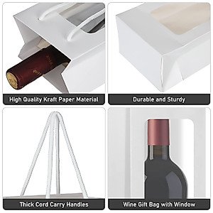 50 Pcs Wine Gift Bag with Window 4.9" x 3.6" x 14.2" Kraft Paper Wine Bags with Windows Kraft Paper Flower Wrapping Bag Transparent Window Bags for Valentine's Day Birthday Wedding Party Gift (White)