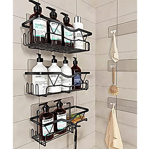 longzon Shower Caddy with 6 Traceless Adhesive, 3 Pack Shower Organizer, No Drilling Stainless Steel Shower Shelf, for Bathroom Suction Cup Storage Rack Shelves Black