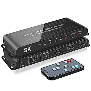 ROOFULL 4 Ports 8K HDMI 2.1 Switch 4 in 1 Out 8K@60Hz 4K@120Hz HDMI Switcher Selector with Remote Support 48Gbps HDR 10+ Dolby Vision/Atmos HDCP 2.3 CEC for PS5 4 Pro Xbox Apple TV Game PC Roku