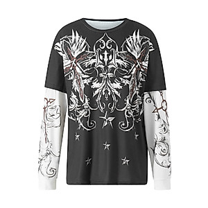 Axupico Womens Fake Two-Piece Gothic Shirts Long Sleeve E-Girls Aesthetic Grunge Tops Vintage Graphic Fall Clothes (1-Black, L)