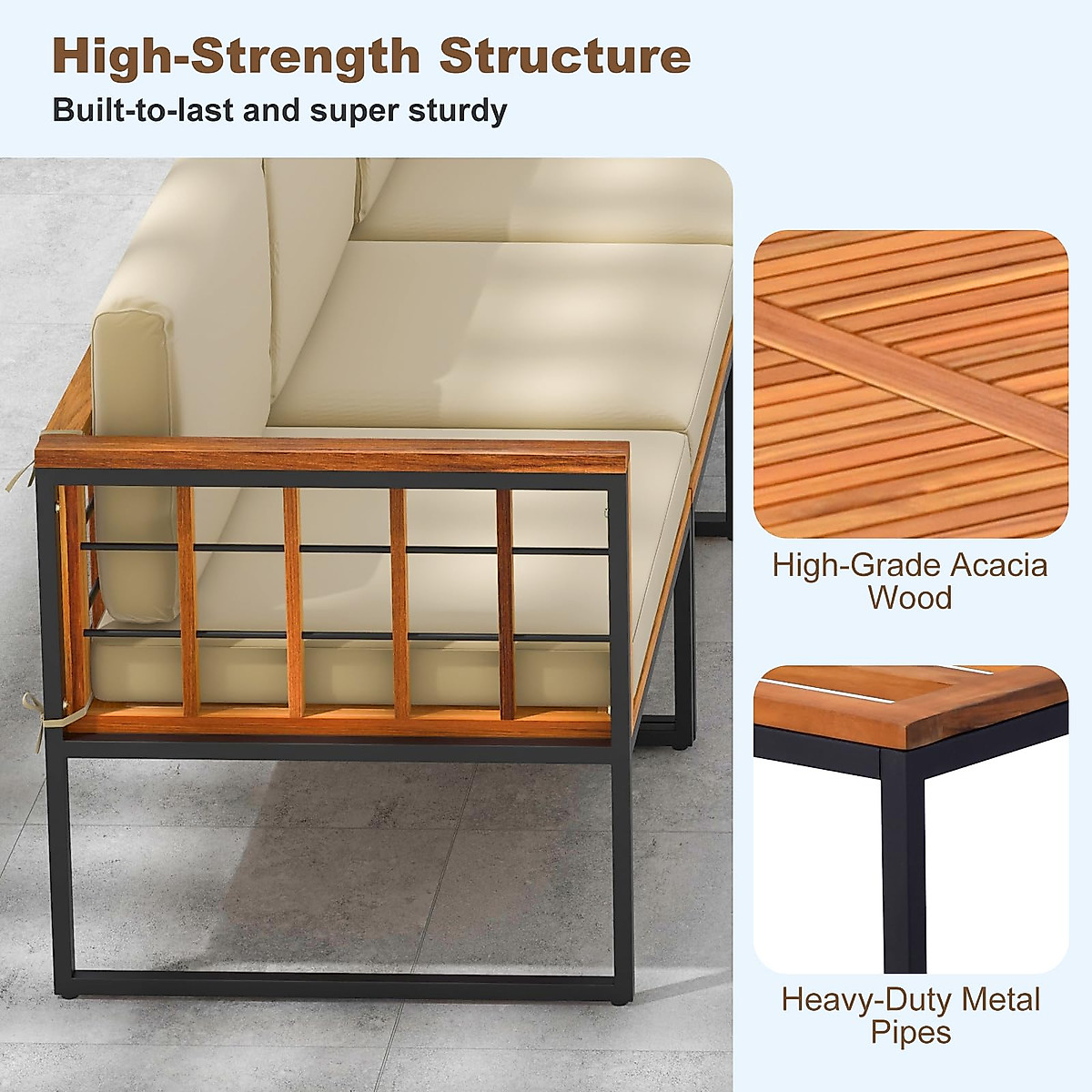 Tangkula 5 Piece Patio Furniture Set, Acacia Wood Sectional Set with Heavy-Duty Metal Frame, Comfy Seat & Back Cushions, Outdoor Wood Conversation Chair Set for Poolside, Porch, Backyard (Beige)