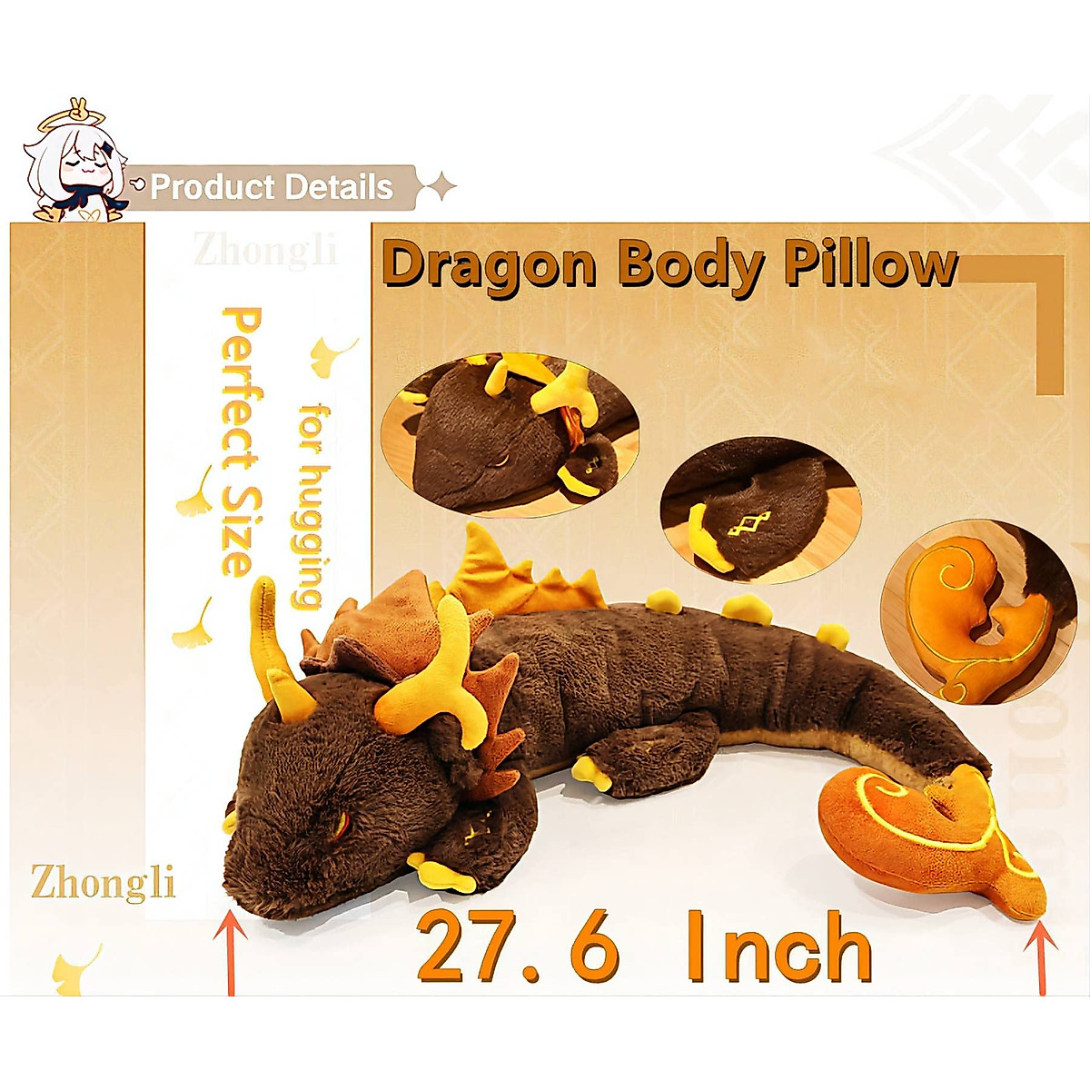 BOOTANO Set Plushie Genshin Impact Zhong Li Dragon 27.6 Inch Hugging Pillow and Cute Kawaii Zhongli Keychain Soft Stuffed Animal for Fans Kids Birthday Gifts