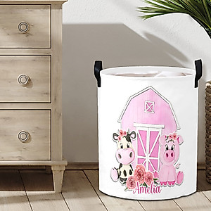 Personalized Laundry Basket Hamper,Cow Pig Flower Farm,Collapsible Storage Baskets with Handles for Kids Room,Clothes, Nursery Decor