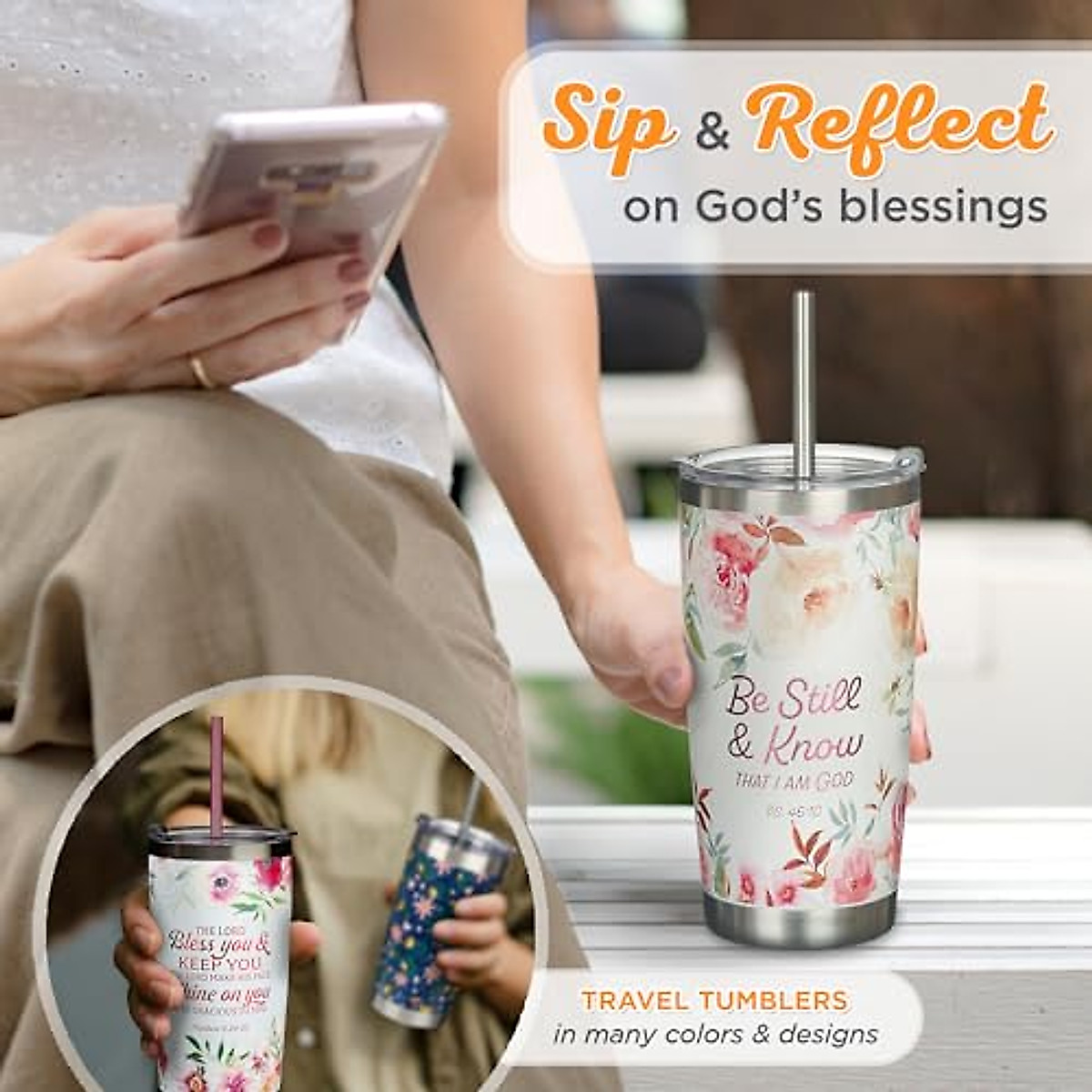 Christian Art Gifts Reusable Stainless Steel Scripture Travel Mug Tumbler w/Straw for Women: Be Still & Know, Double Wall Vacuum Insulated, Pop-up Lid, Hot/Cold, White & Peach Multicolor Floral, 18 oz