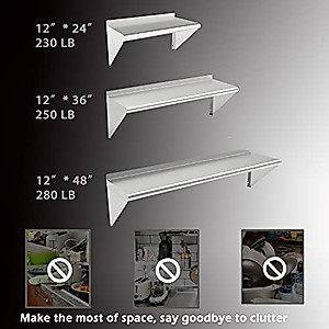 HAHAKU Wall Stainless Steel Metal Shelf 12"*48", Commercial Wall Mount ​Floating Shelving Heavy Duty 280 lbs for Restaurant, Bar, Utility Room, Kitchen and Garag