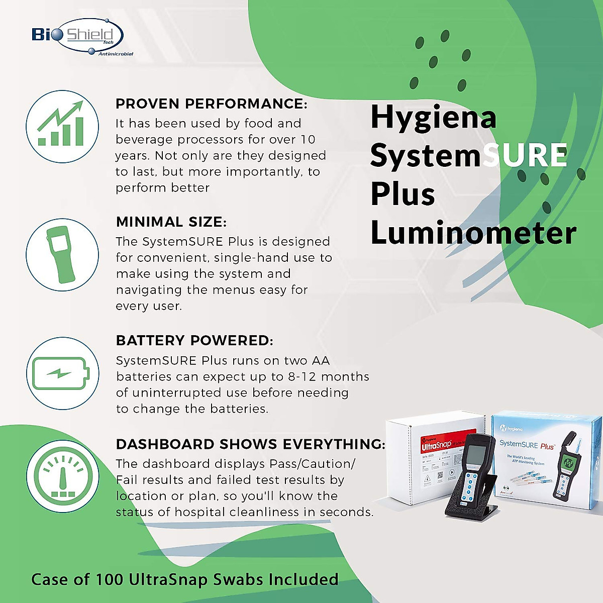 Bio Shield Tech Hygiena SystemSURE Plus Luminometer, Includes 100 UltraSnap Test Swabs Portable, ATP Bio-Contamination Testing Meter with SureTrend Software