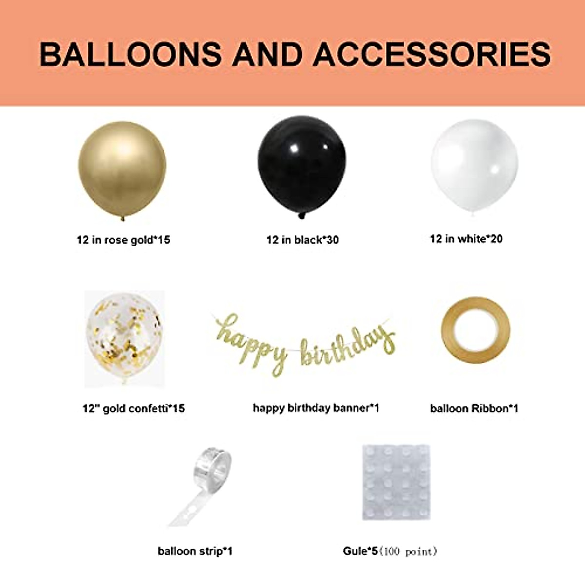 Black and Gold and White Balloon Garland Arch Kit with Black Gold Confetti Balloons Shiny Gold Happy Birthday Banner for Graduation Baby Shower Birthday Wedding Decoration